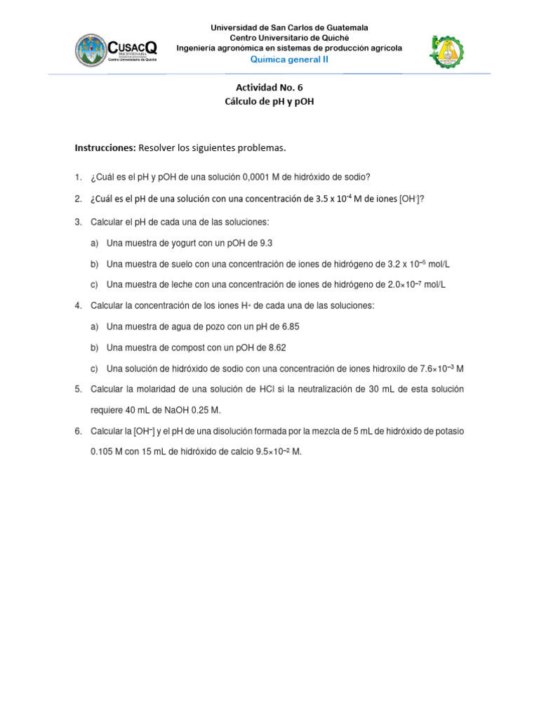 Actividad No. 6 - Cálculos de PH y pOH | PDF