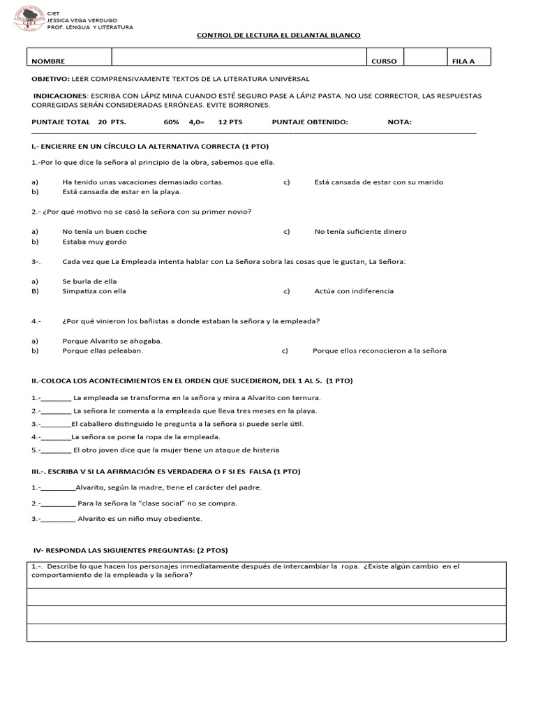 Prueba El Delantal Blanco | PDF | Artes del Lenguaje y Comunicación