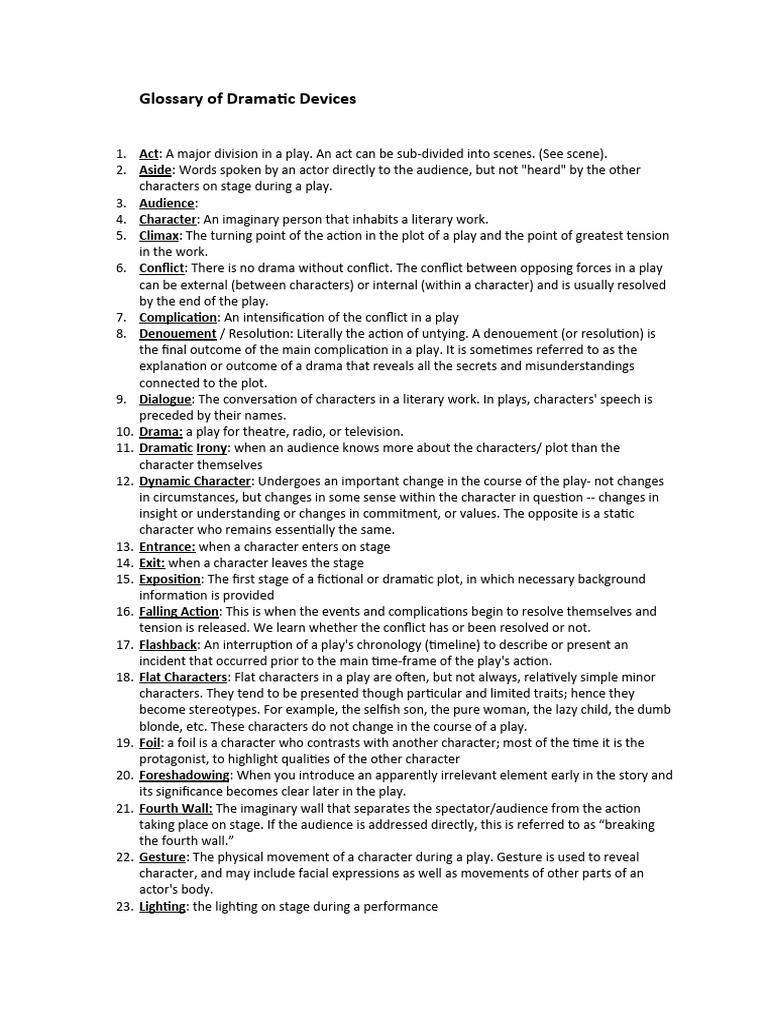 Glossary of Dramatic Devices | PDF | Plot (Narrative) | Monologue