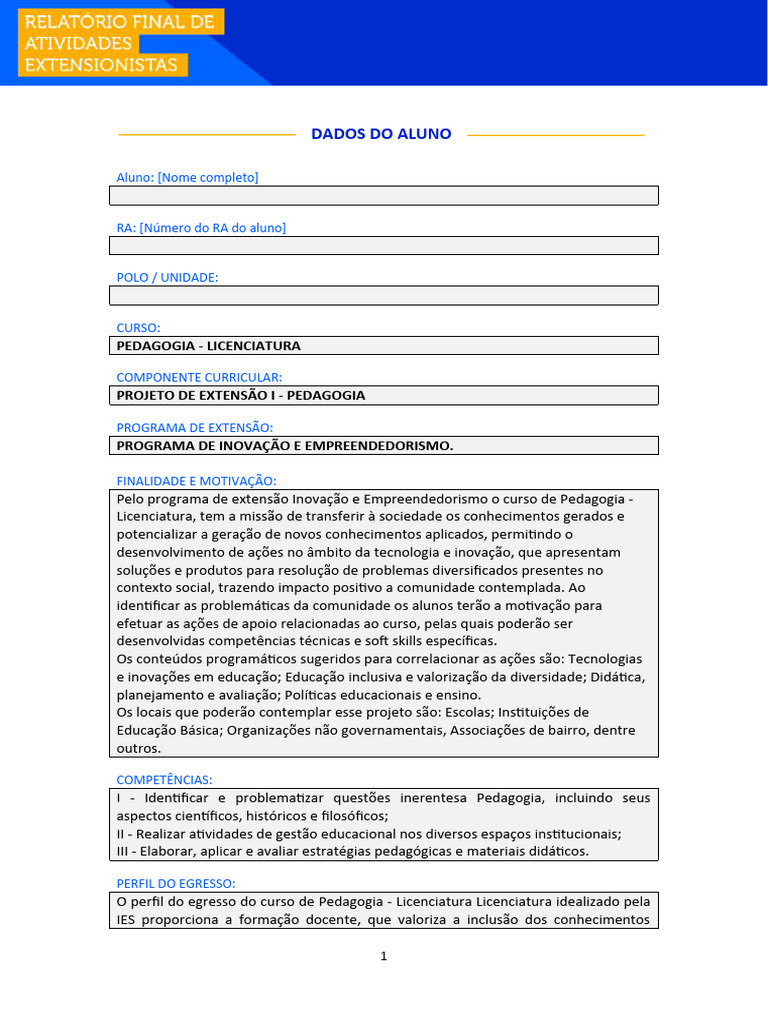 Relatório Final de Atividades Extensionistas pedagogia unopar | PDF | Pedagogia | Inclusão ...