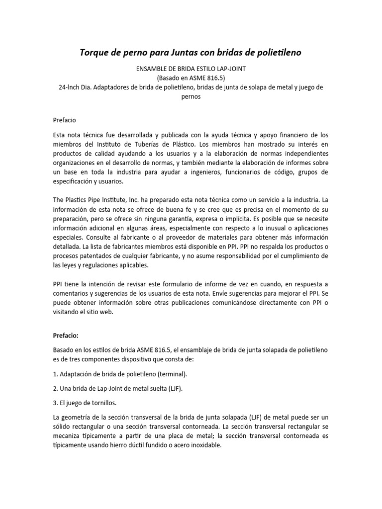 Torque de Perno para Juntas Con Bridas de Polietileno | Descargar ...