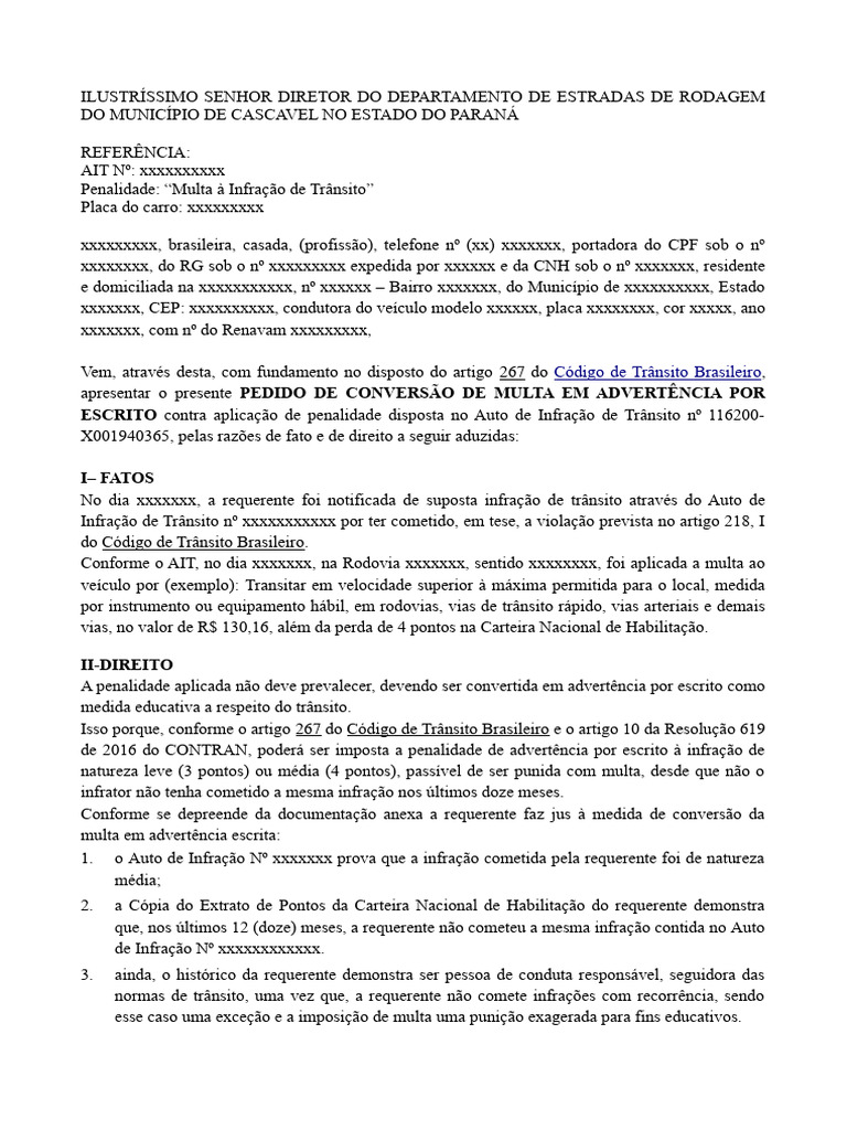 Modelo de Conversão de Multa em Advertência - Trânsito | PDF | Tráfego ... Modelo de Conversão de Multa em Advertência - Trânsito | PDF | Tráfego ...