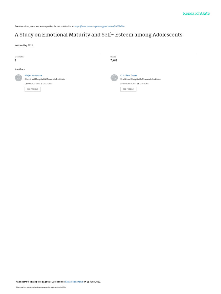 A Study On Emotional Maturity and Self Esteem Among Adolescents - May ...