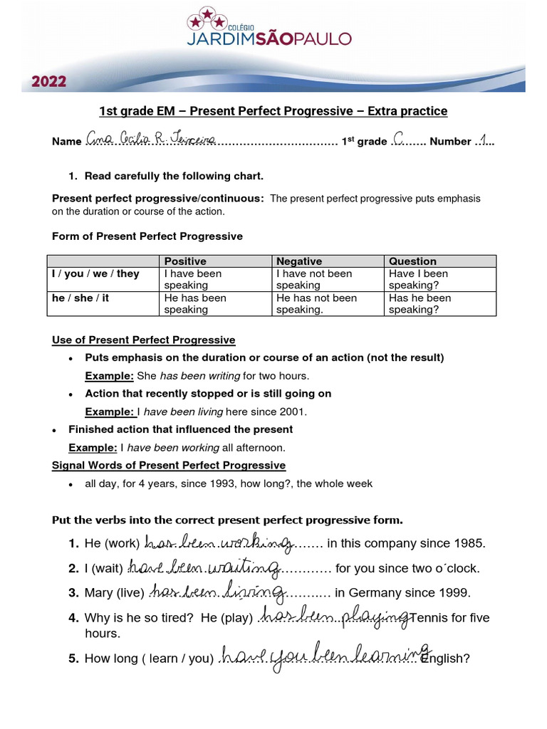 1st Grade EM - May - Practice Present Perfect Progressive | PDF | Grammar | Language Families