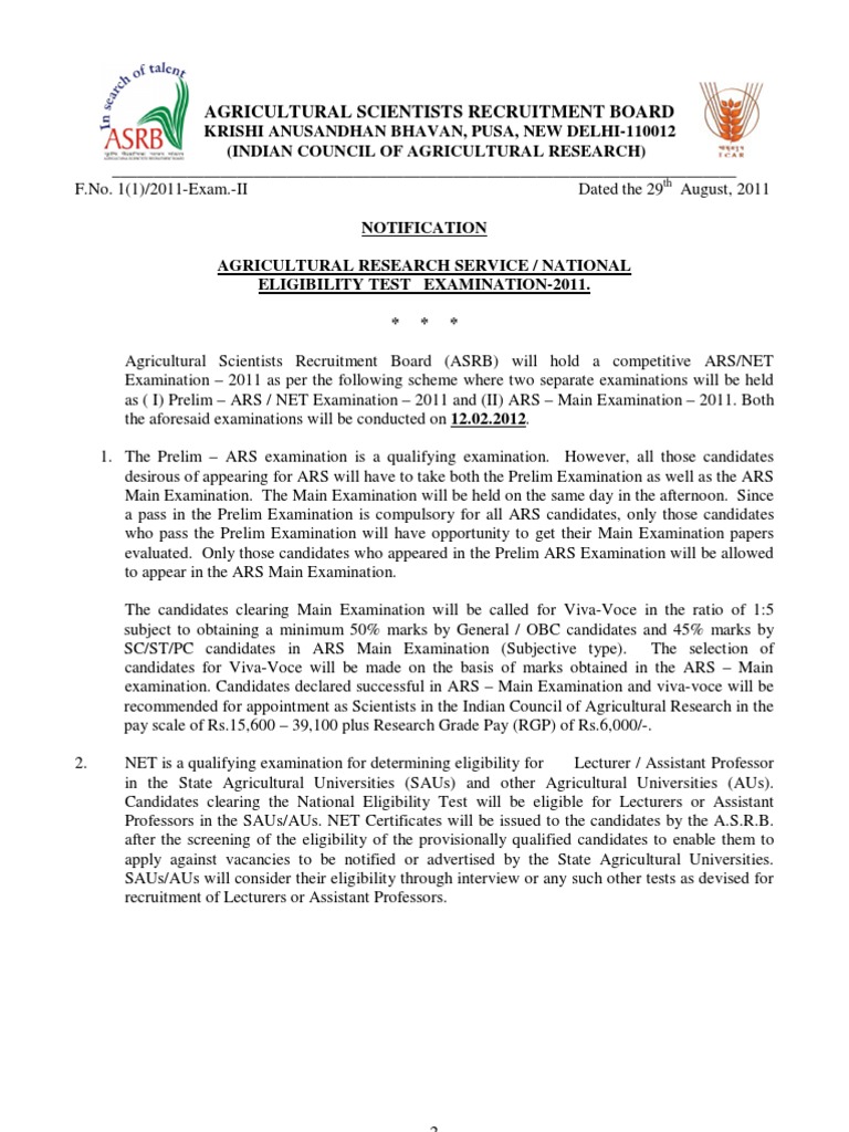 ASRB ARS/NET Exam Notification 2011 | PDF | Agriculture | Biotechnology