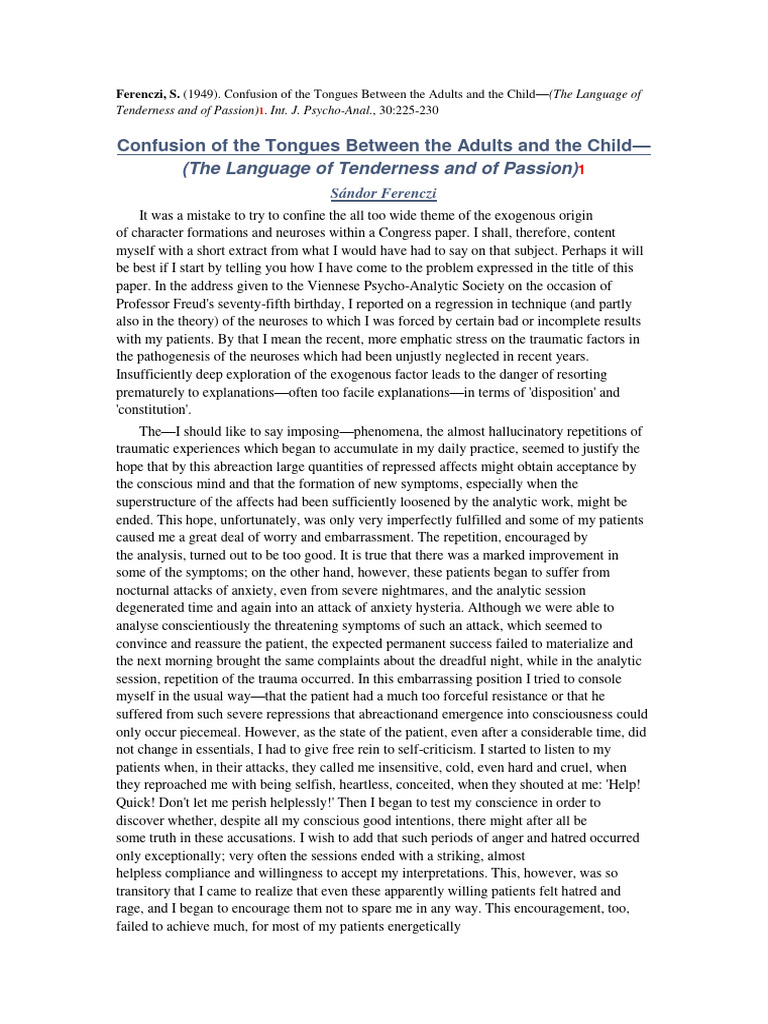 Ferenczi S. 1949. Confusion of The Tongues Between The Adults and The Child | PDF ...