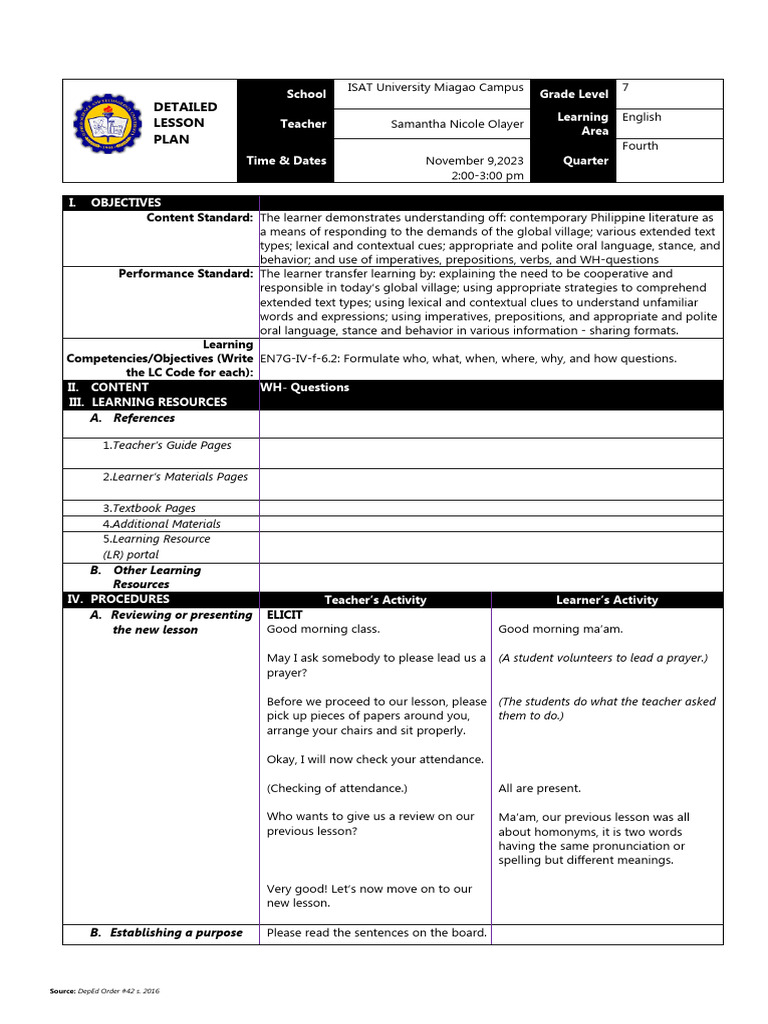 WH Questions Lesson Plan for Grade 7 | PDF | Question | Learning