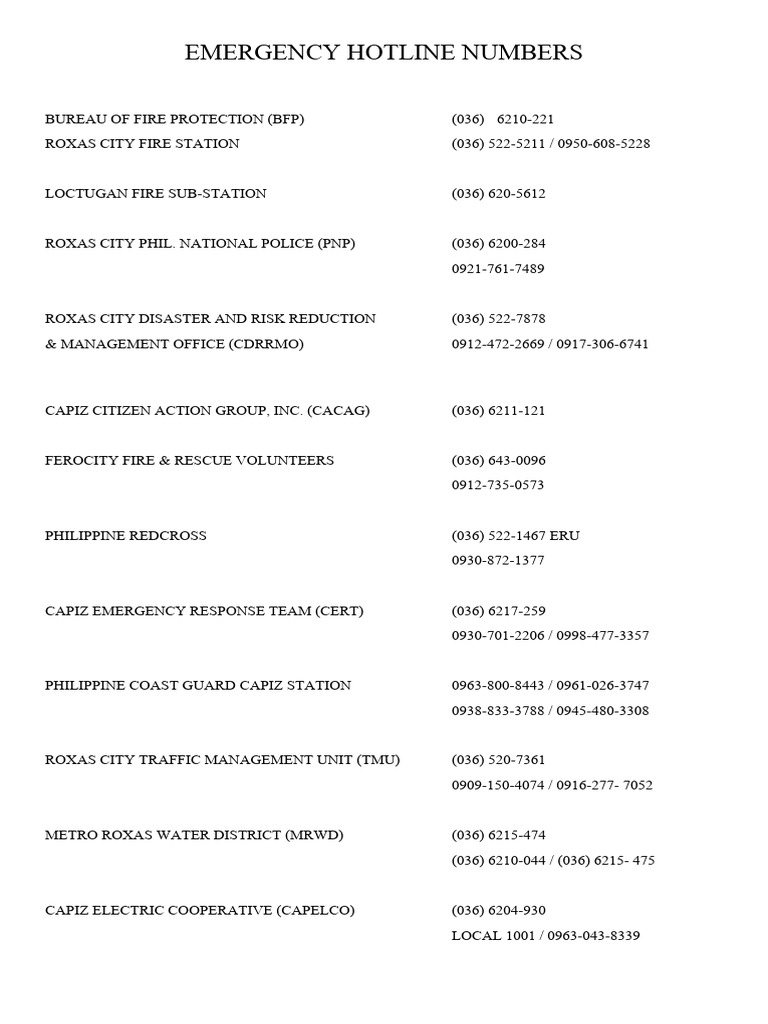 Emergency Hotline Numbers in Roxas City | PDF