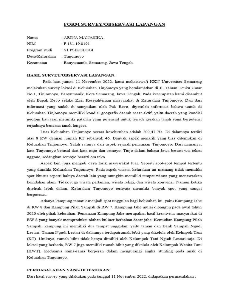 Form Survey KKN Arina Manasika f.131.19.0191 | PDF