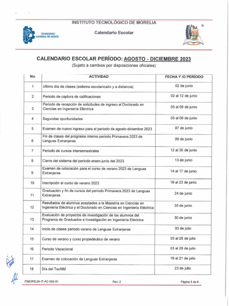Calendario Escolar Agosto - Diciembre 2023 | PDF