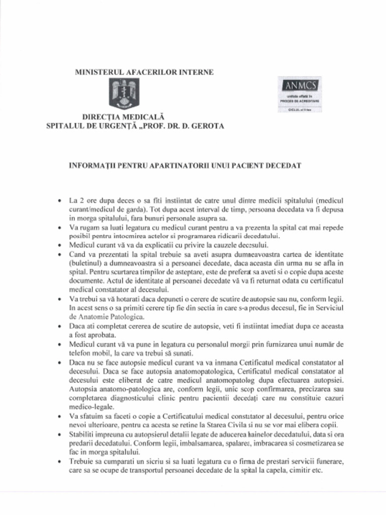 Informatii Pentru Apartinatorii Unui Pacient Decedat | PDF