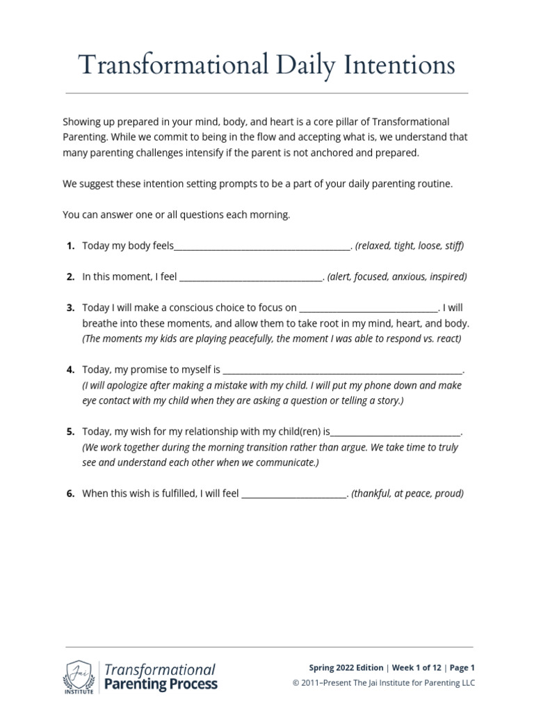 Week 1 TPP Daily Intention Reflection Worksheet | Download Free PDF ...