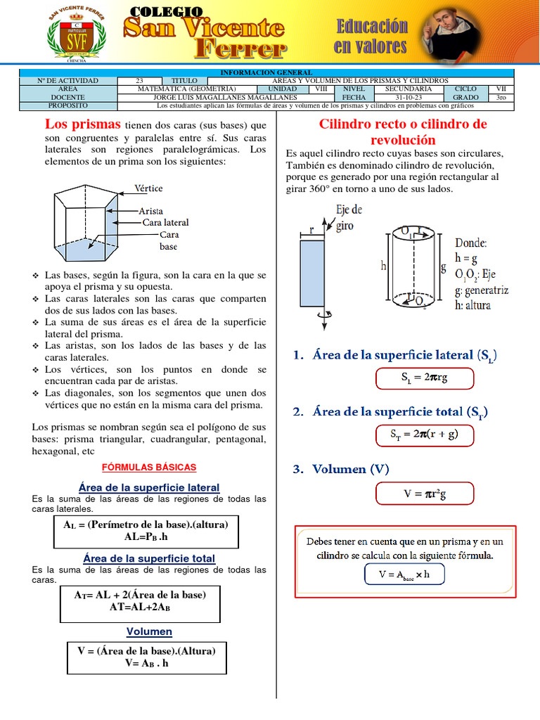 Ejercicios de Área y Volumen: Prismas y Cilindros | PDF | Triángulo ...