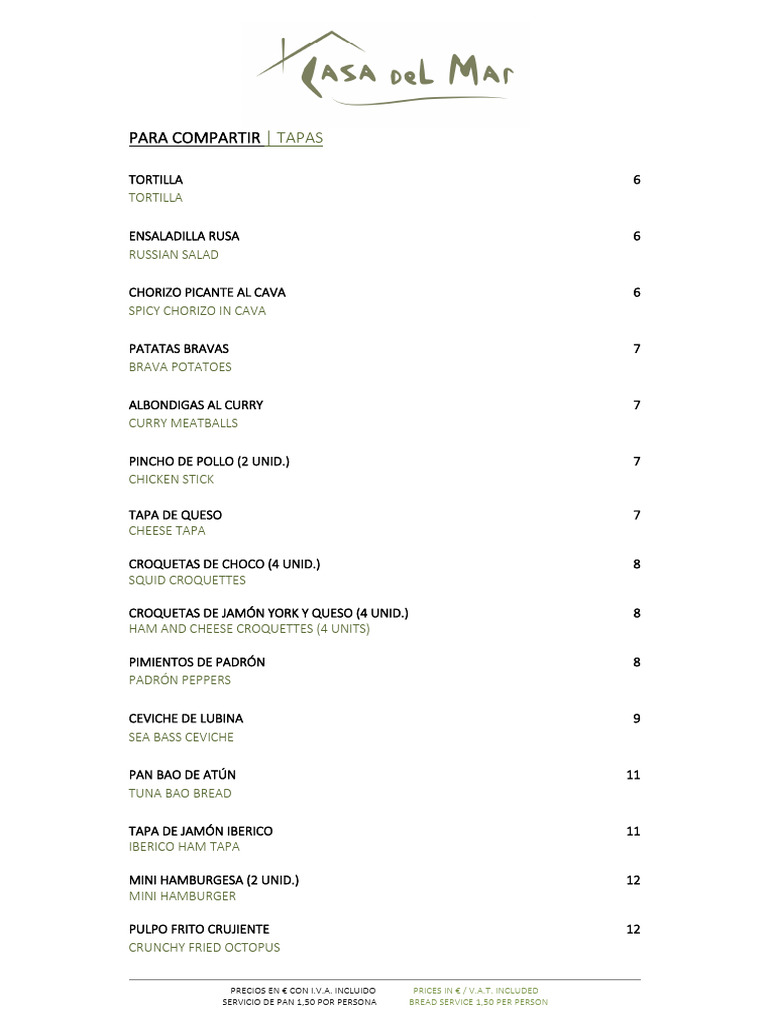 Carta Comidas Casa Del Mar | PDF | Alimentos | Cocina