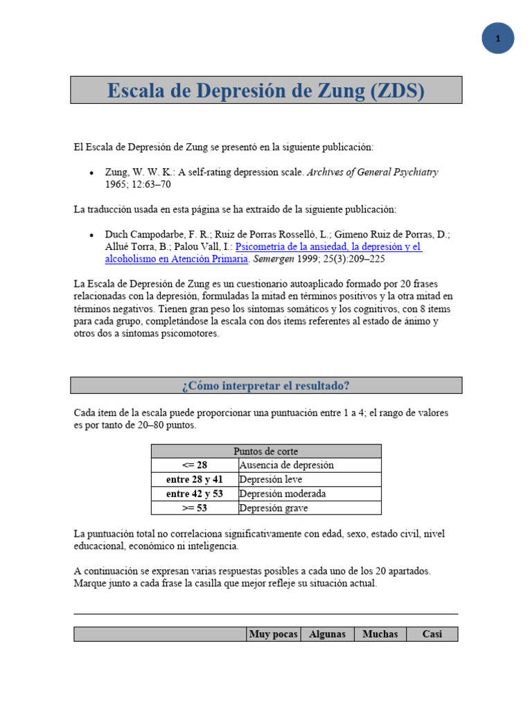 Escala de Depresión de Zung | PDF | Depresión (estado de ánimo) | Sicología