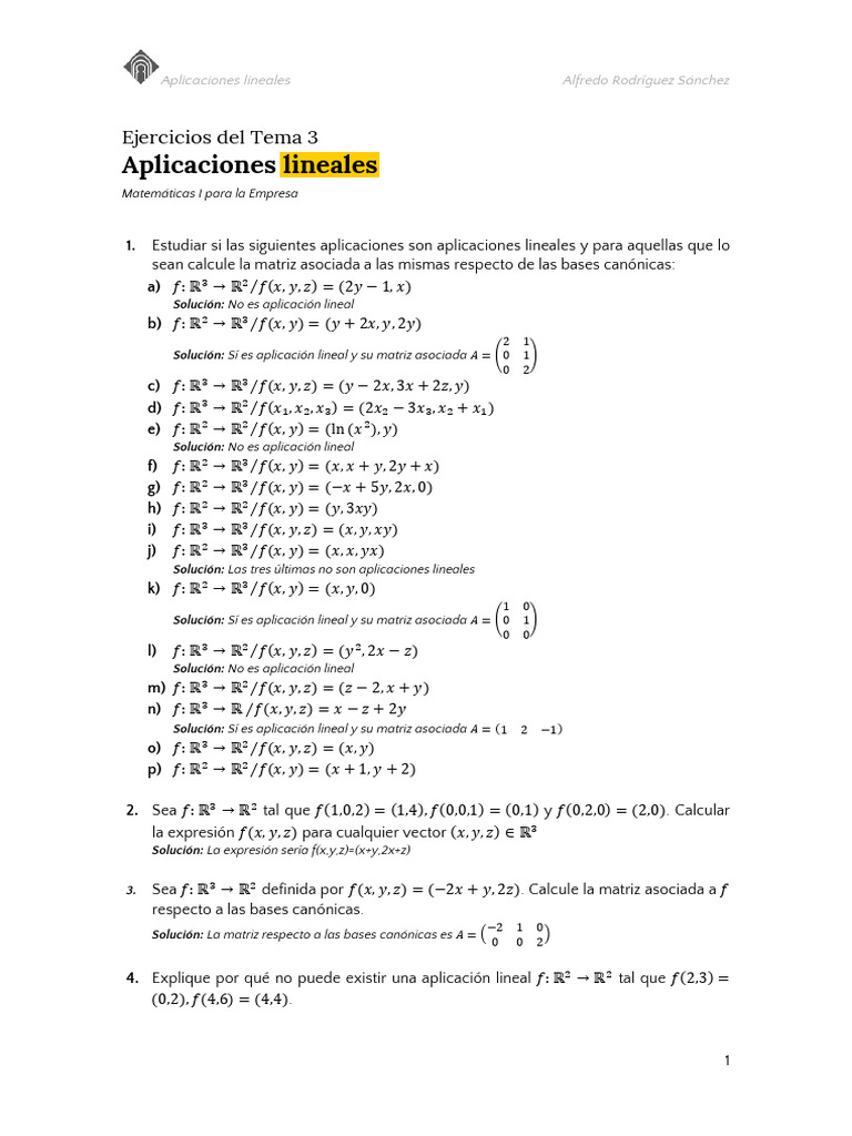 Ejercicios de Aplicaciones Lineales | PDF | Mapa lineal | Matriz (Matemáticas)