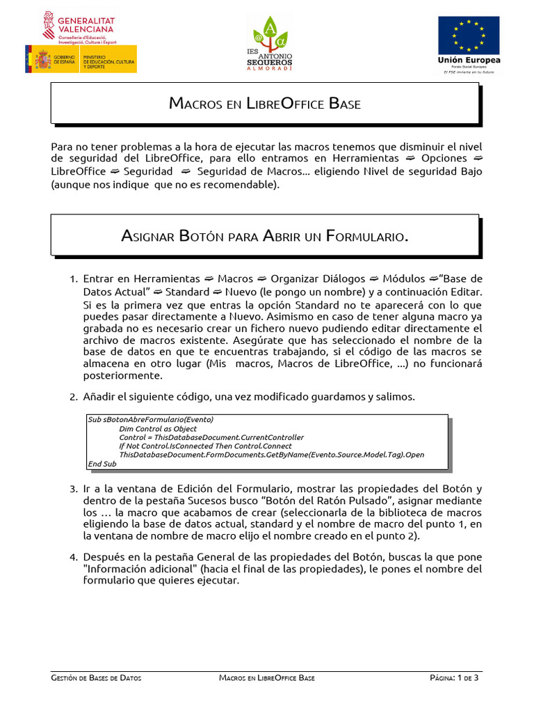 Macros LibreOffice Base | PDF | Macro (informática) | Archivo de ...