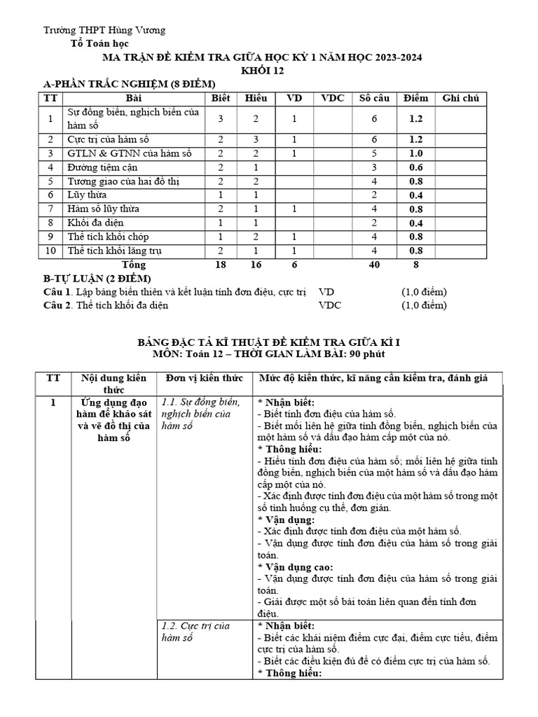 Khoi 12-Giua Ky 1 | PDF