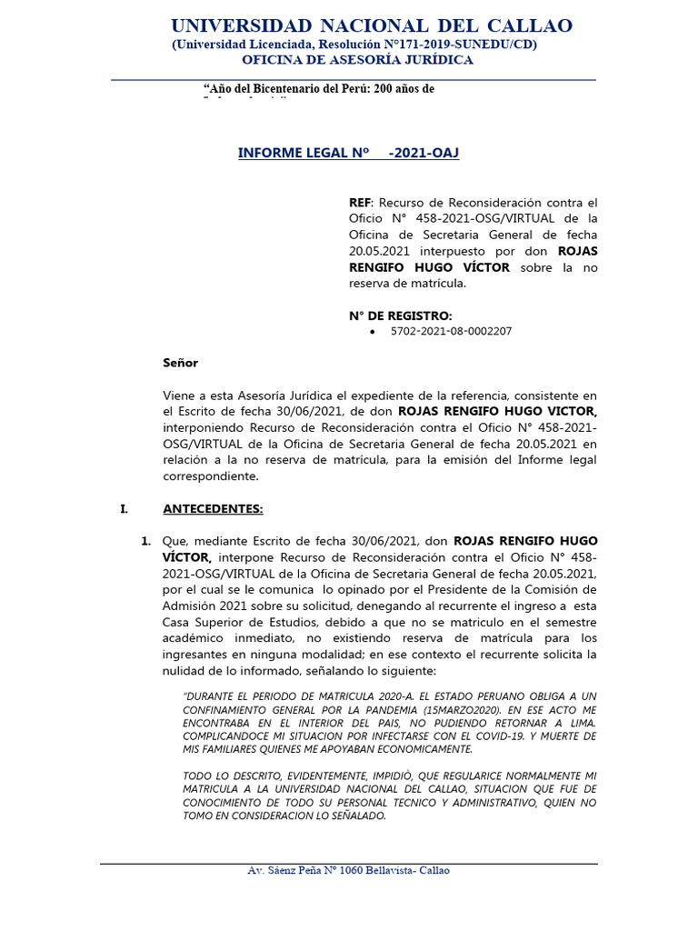 Matricula Rojas Rengifo Hugo Víctor - FFF | PDF | Estatuto de ...