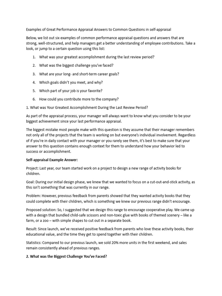 Examples of Great Performance Appraisal Answers | PDF | Goal ...