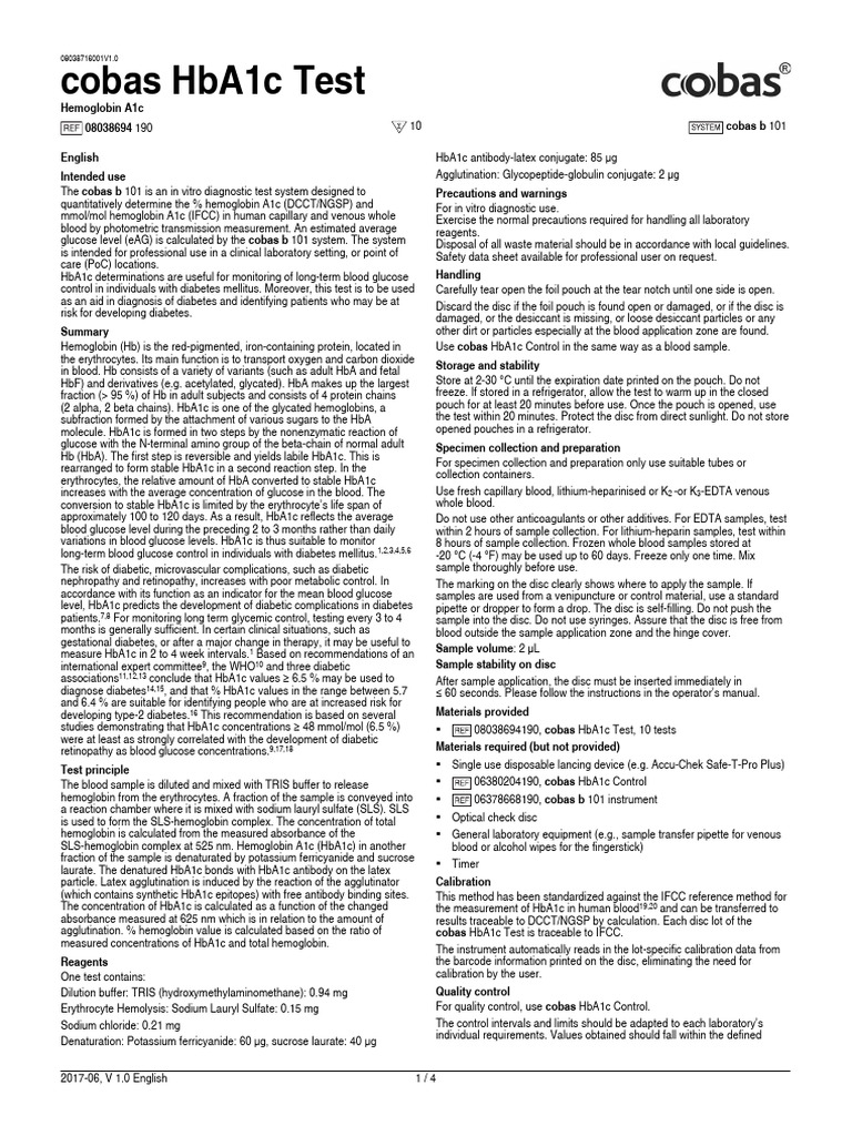 Cobas B 101 HbA1c Test Strip Package Insert - 104037 | PDF | Glycated ...