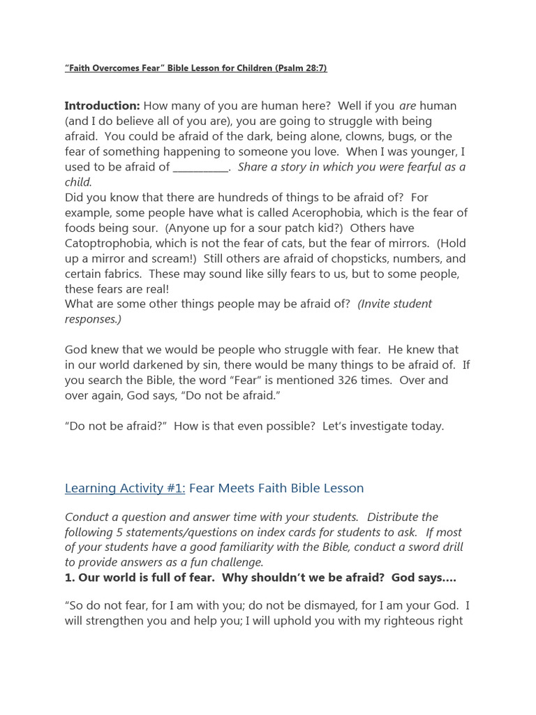 Faith Overcomes Fear - Sunday School Lesson | PDF | God | Religious ...