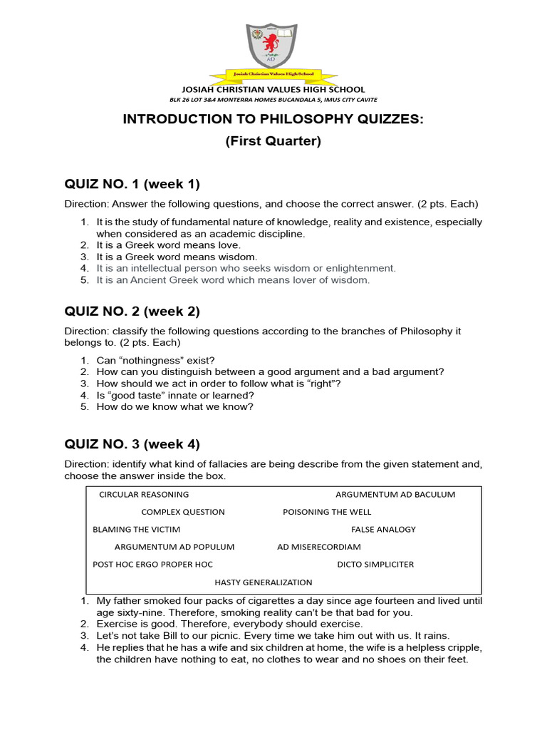 Philosophy Quizzes for Josiah School | PDF | Metaphysics ...