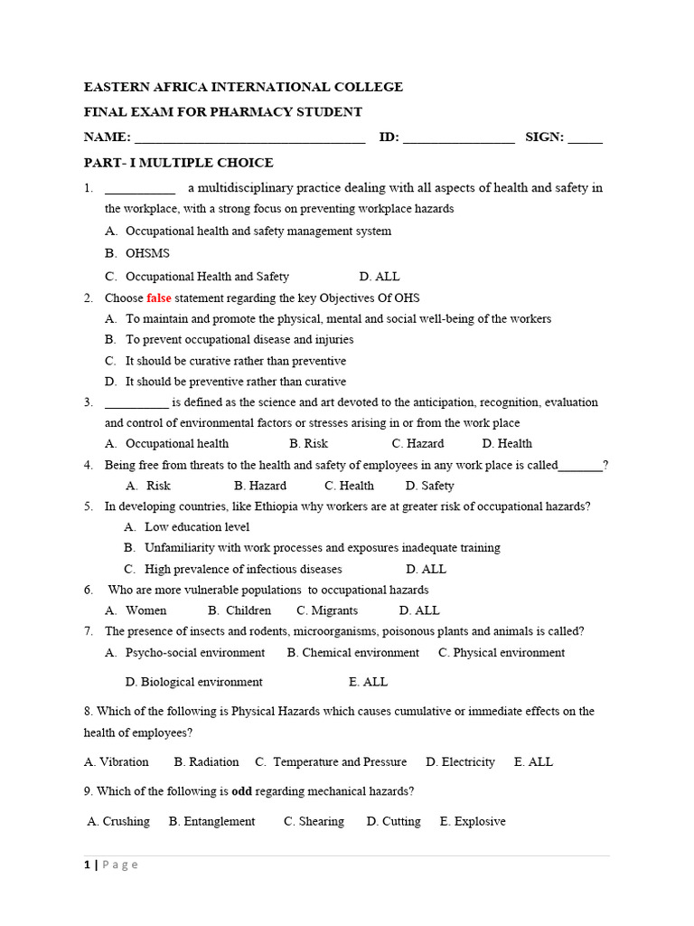 TEGENE Hazard Exam | PDF | Occupational Safety And Health | Hazards
