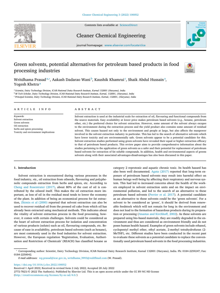 Green Solvents, Potential Alternatives for Petroleum Based Products in ...