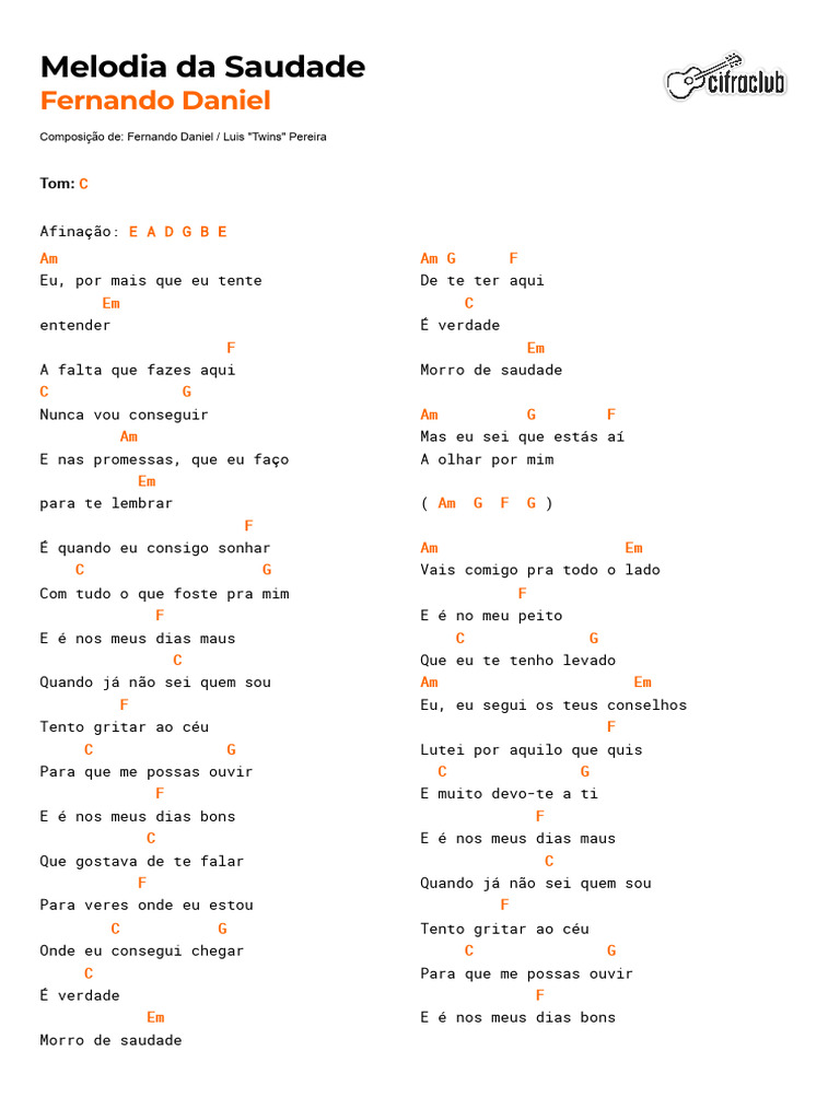 Cifra Club - Fernando Daniel - Melodia Da Saudade | PDF