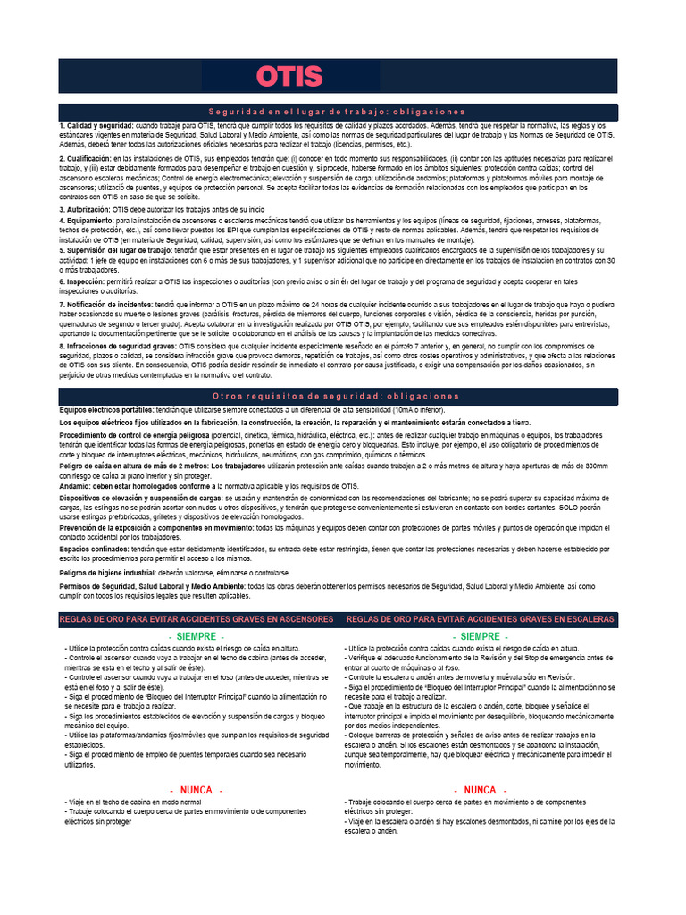 Seguridad en El Lugar de Trabajo de Otis Reglas de Oro | PDF | Ascensor | Seguridad y salud ...