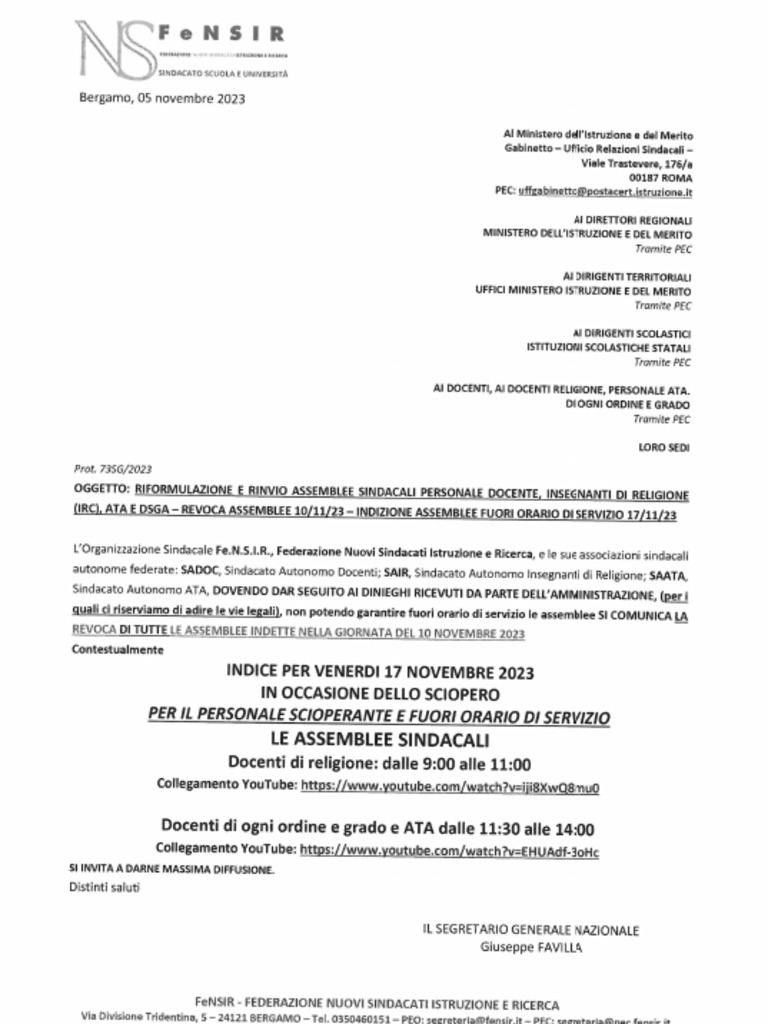 Revoca Assemblee Sindacali Del 10 Novembre - Nuove Assemblee | PDF