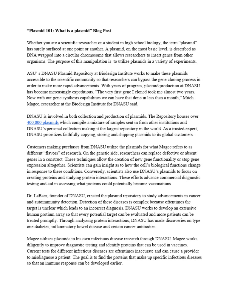 Plasmid 101 Blog Post 2 | PDF | Plasmid | Gene