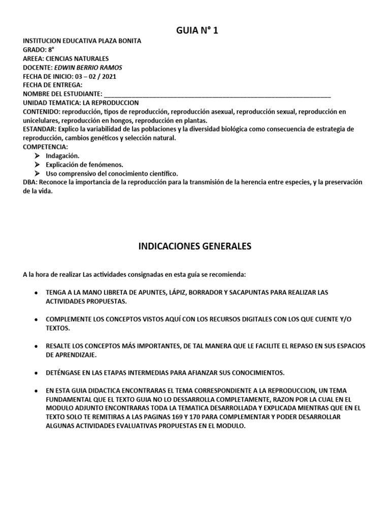 GUIA DE TRABAJO N°1 GRADO 8° PRIMER PERIODO 2021 | PDF | Sexo | Flores