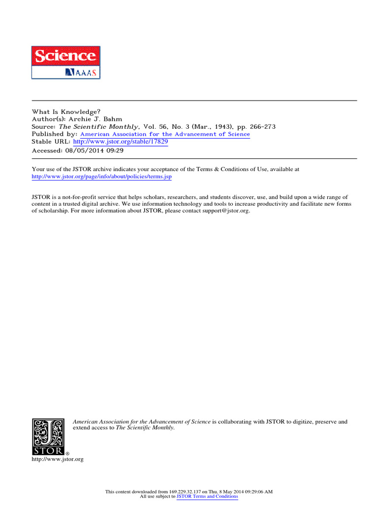 Reading 4 - Bahm, A.J. 1943. 'What Is Knowledge - ' | PDF | Experience | Philosophical Realism