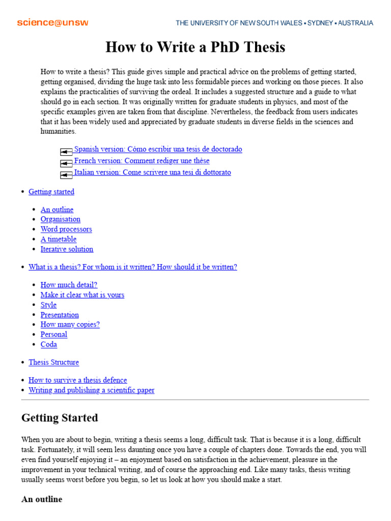 Reading 11 - Wolfe, J. 1996. How To Write A PHD Thesis, UNSW | PDF ...