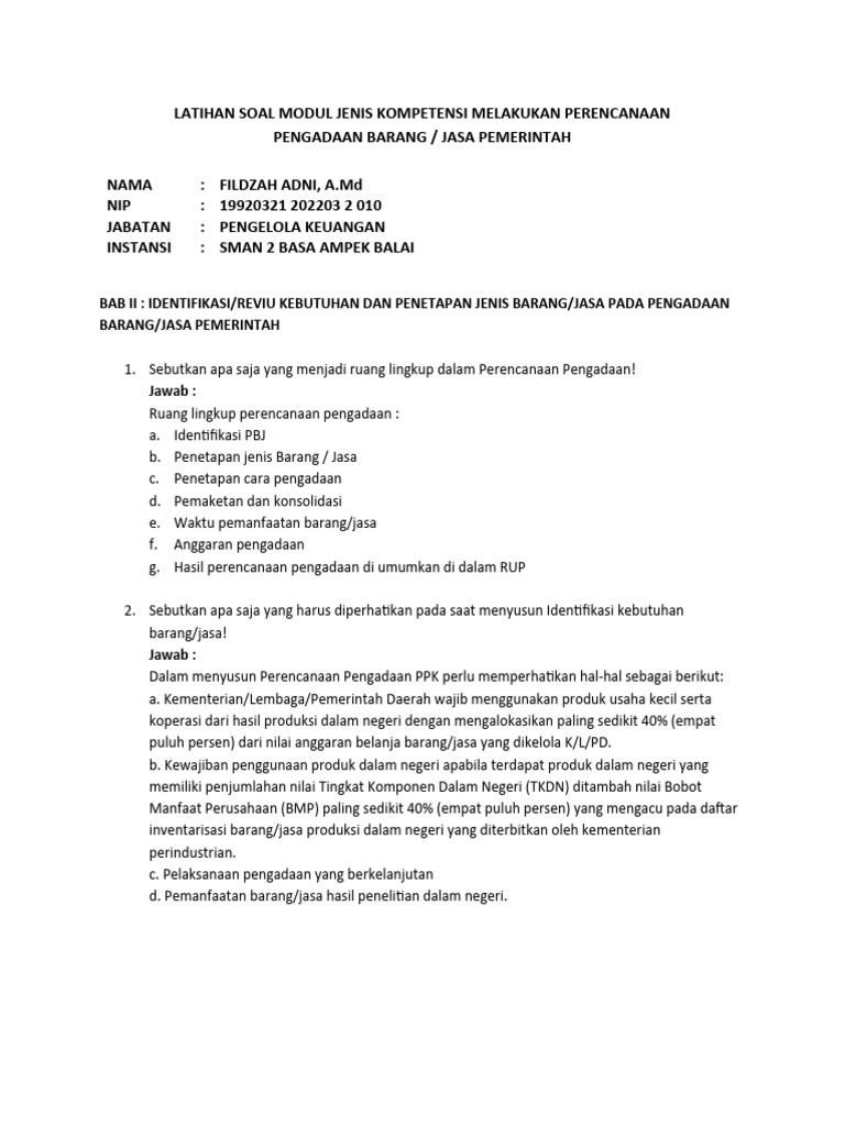 Latihan Soal PBJP JK Melakukan Perencanaan Pengadaan BJ Pemerintah | PDF