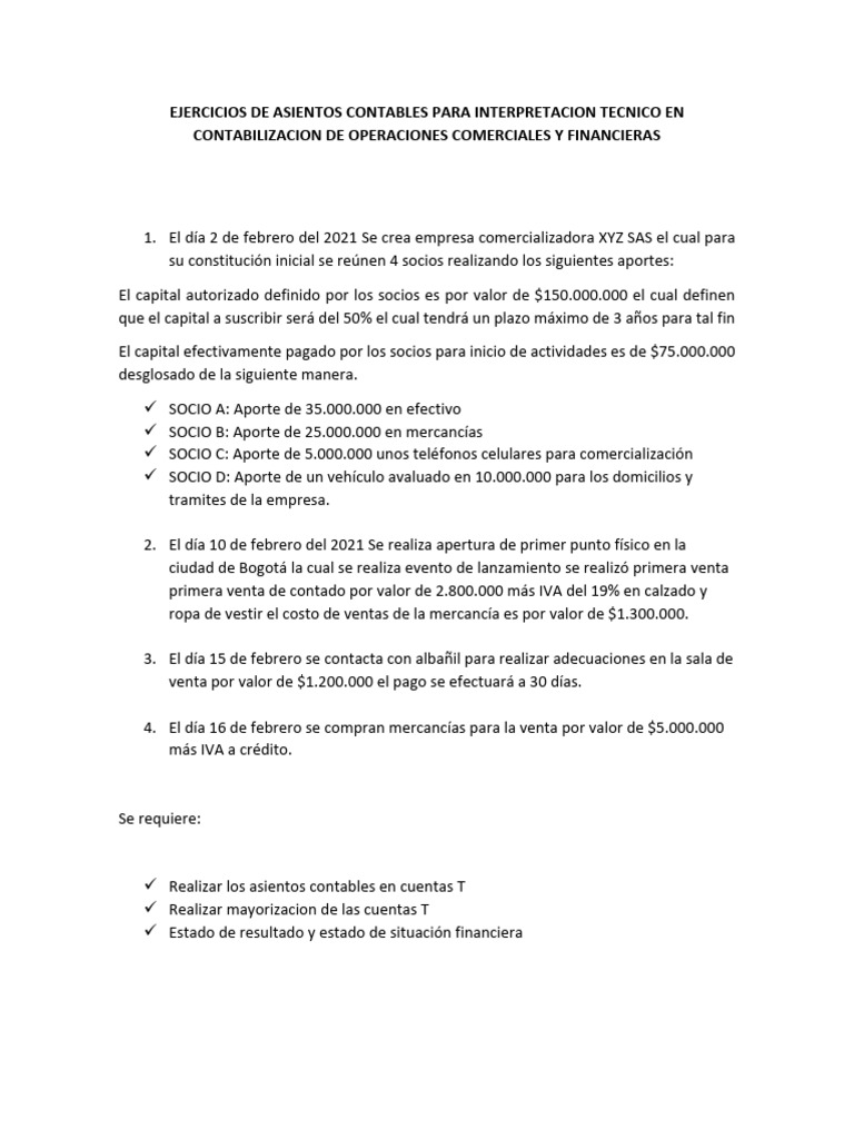 Ejercicios de Asientos Contables para XYZ SAS | PDF | Negocios ...