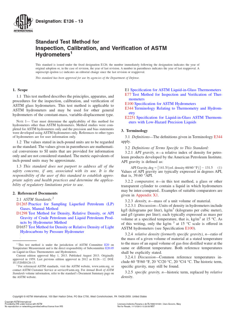 ASTM E 126-05a | PDF | Density | Liquids