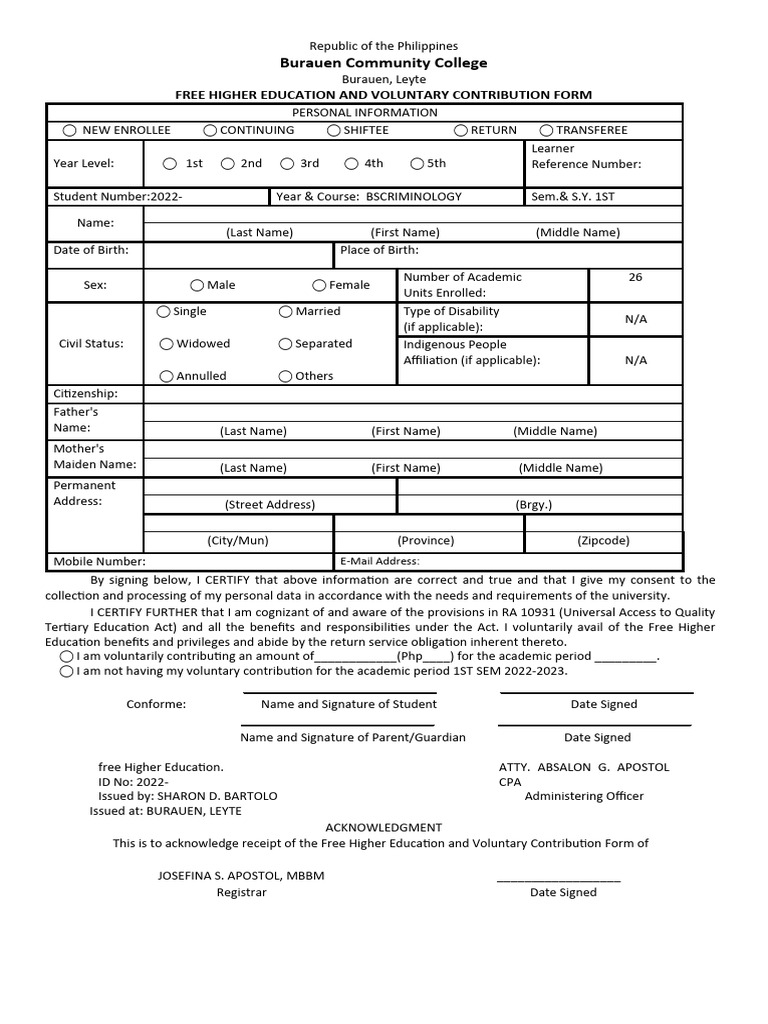 Free Higher Education Form Burauen | PDF