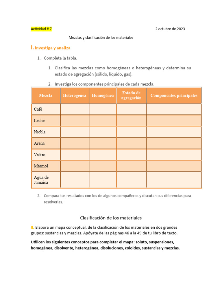 Actividad # 7. Mezclas y Clasificación de los materiales | PDF