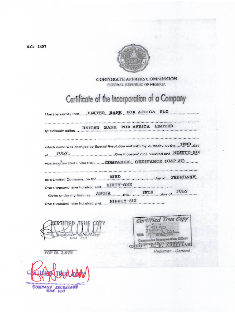 Certified True Copy Certificate of Incorporation | PDF