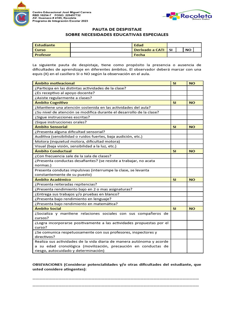 PAUTA DE DESPISTAJE 2023 PIE | PDF | Salón de clases | Ciencia cognitiva
