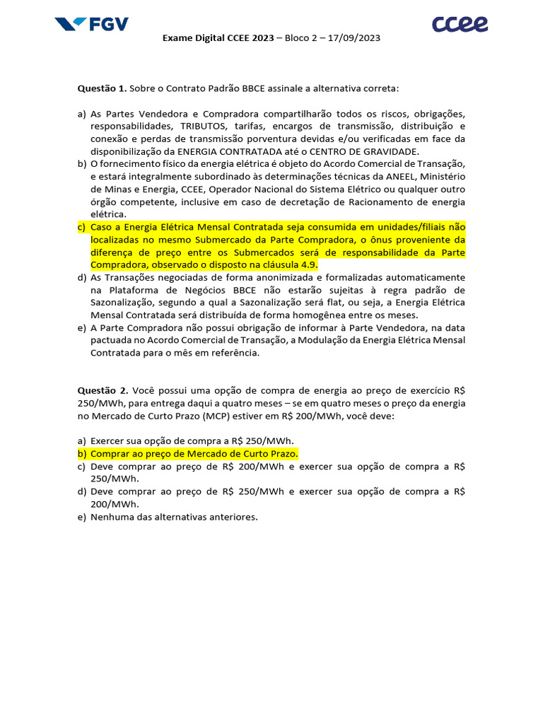 Bloco - 2 - Ccee - 2023 - Objetiva - Gabarito (RETIFICADO) | PDF | Economia | Hidroeletricidade