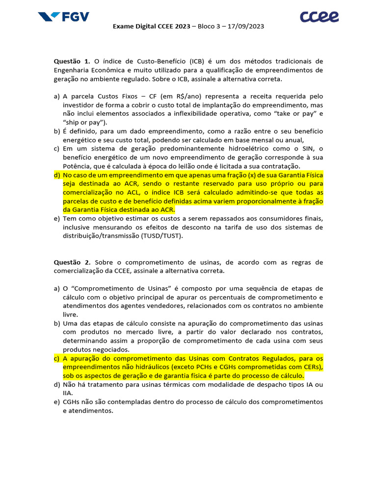 Bloco - 3 - Ccee - 2023 - Objetiva - Gabarito (RETIFICADO) | PDF | Sistema de energia elétrica ...