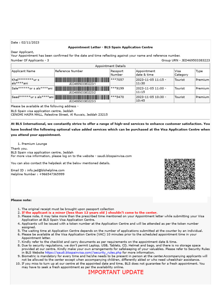 BLS Spain Visa Appointment Confirmation | PDF | Travel Visa | Consul ...