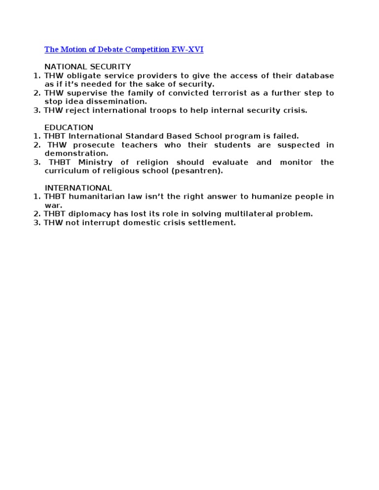 Debate Topics for EW-XVI Competition | PDF | Self-Improvement