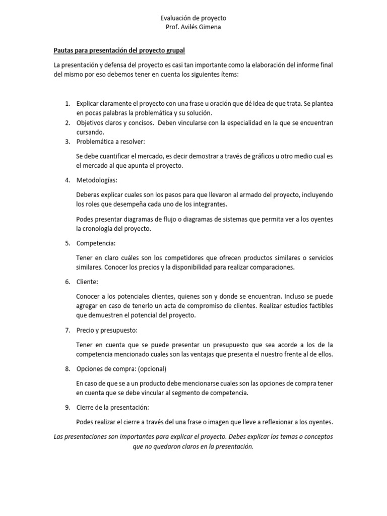 Pautas para presentación del proyecto grupal final | PDF