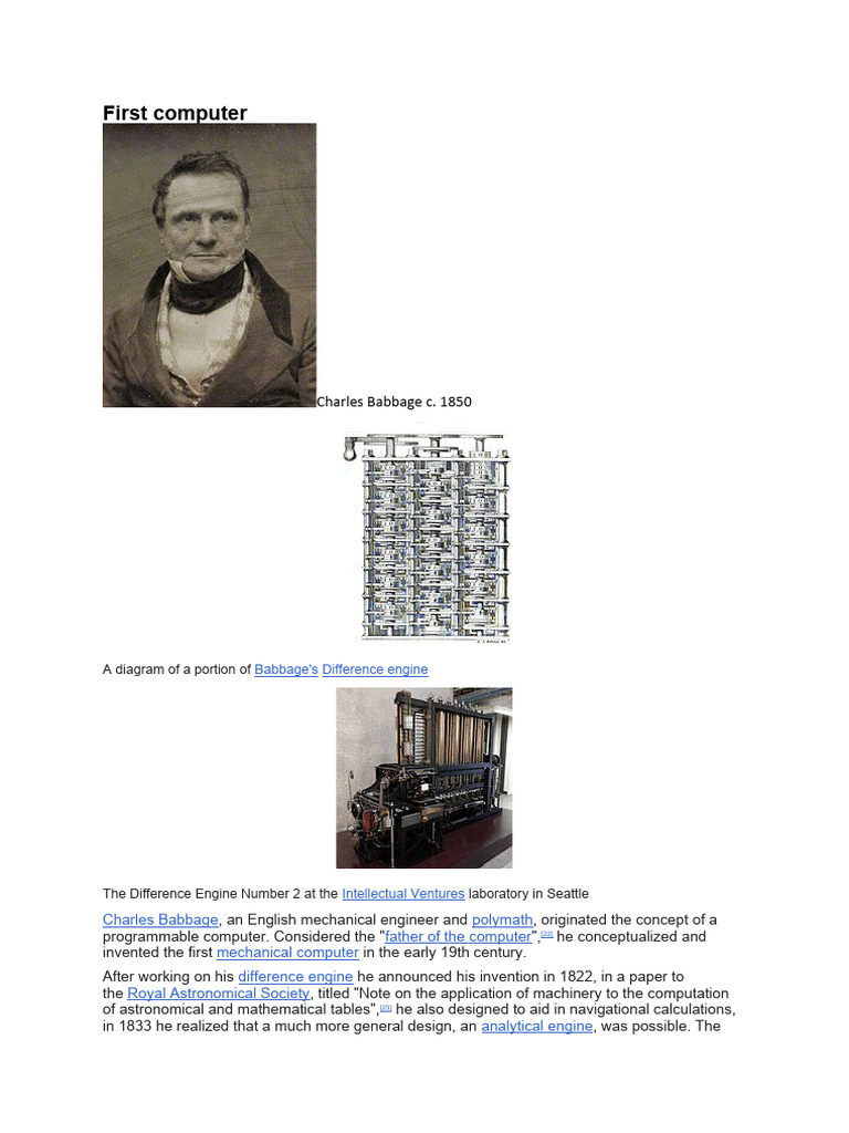 First Computer: Charles Babbage C. 1850 | PDF | Manufactured Goods | Equipment