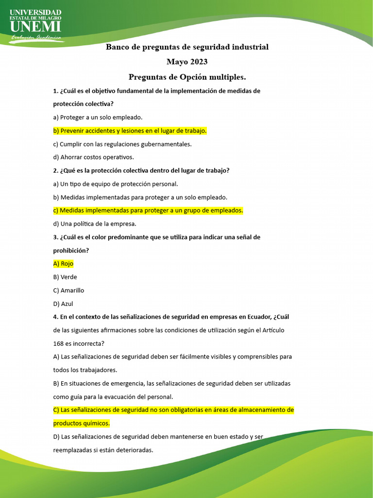 Banco de Preguntas sobre Seguridad Industrial | PDF | La contaminación ...